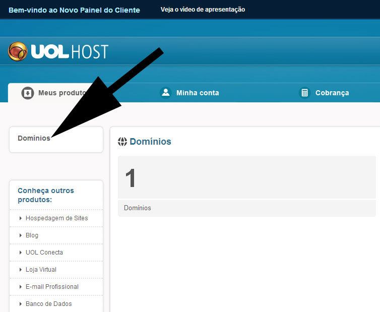 Passo 1 - Acesse seu painel de controle no UOL Host e clique em "Domínios":